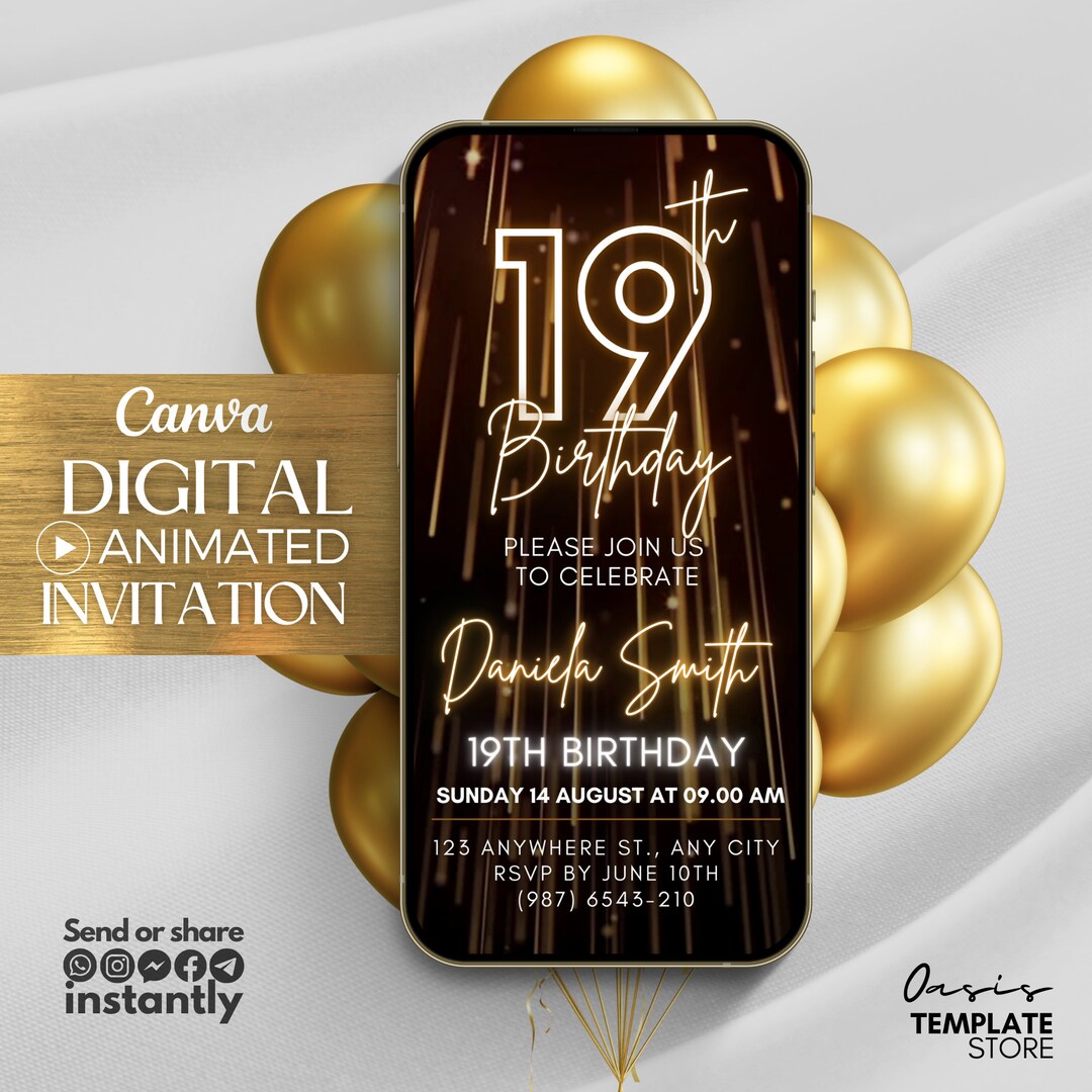 Digital 19th Birthday Video Invitation, 19th Gold Glitter Digital ...