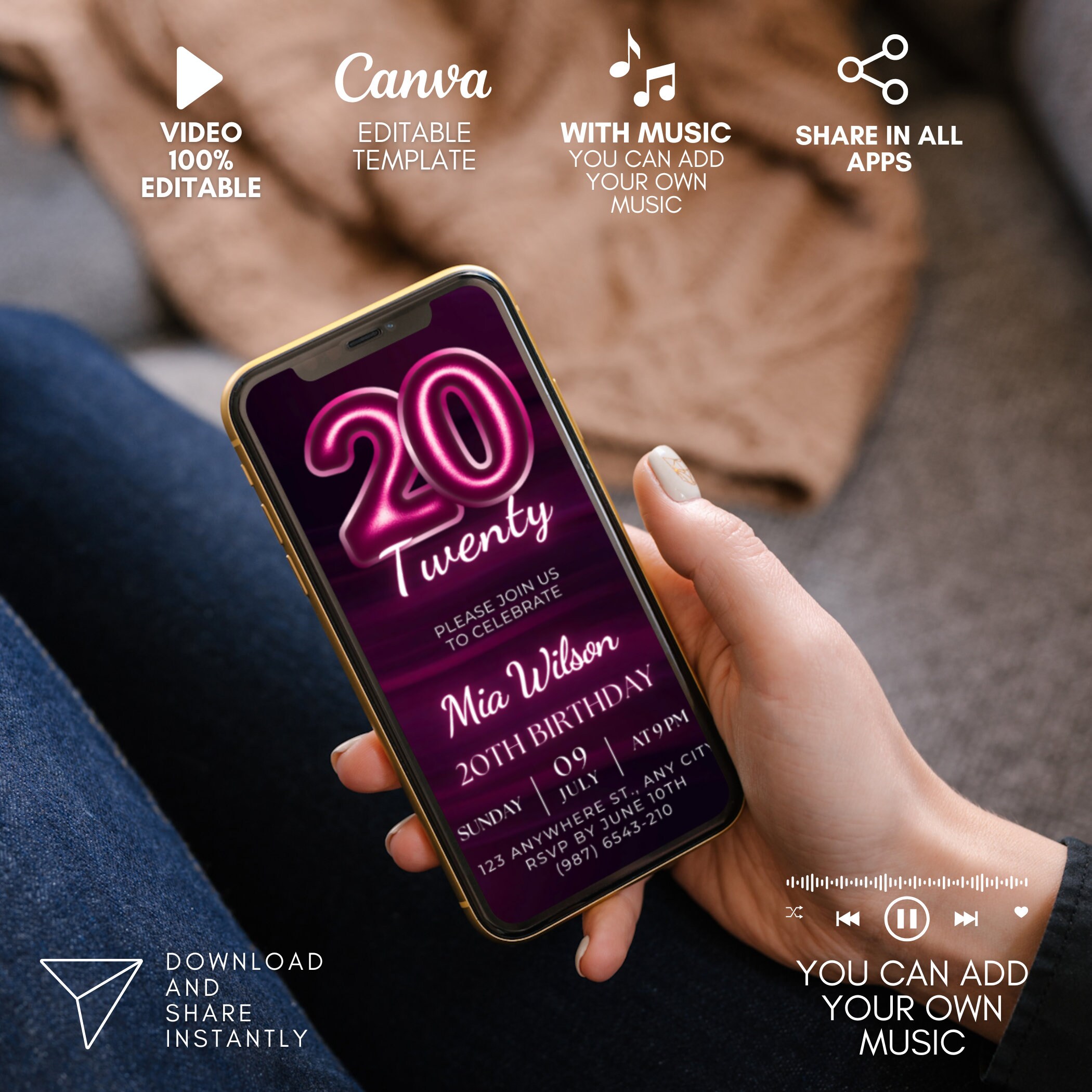20th Birthday Digital Invitation, Twenty Party Video Invitation, Pink ...