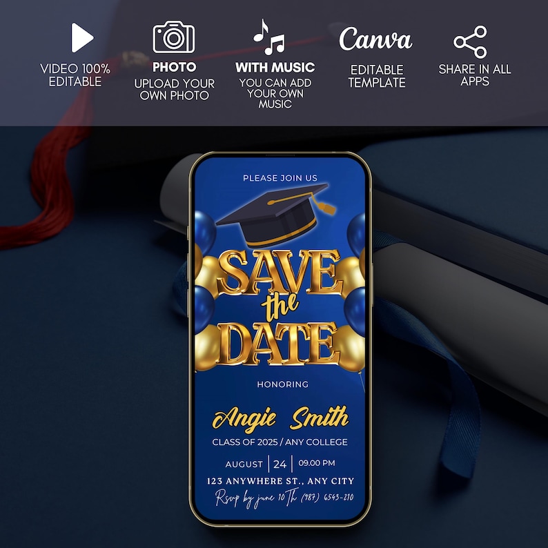 Blue and Gold Graduation Invitation, Editable Digital Grad Party Invite ...