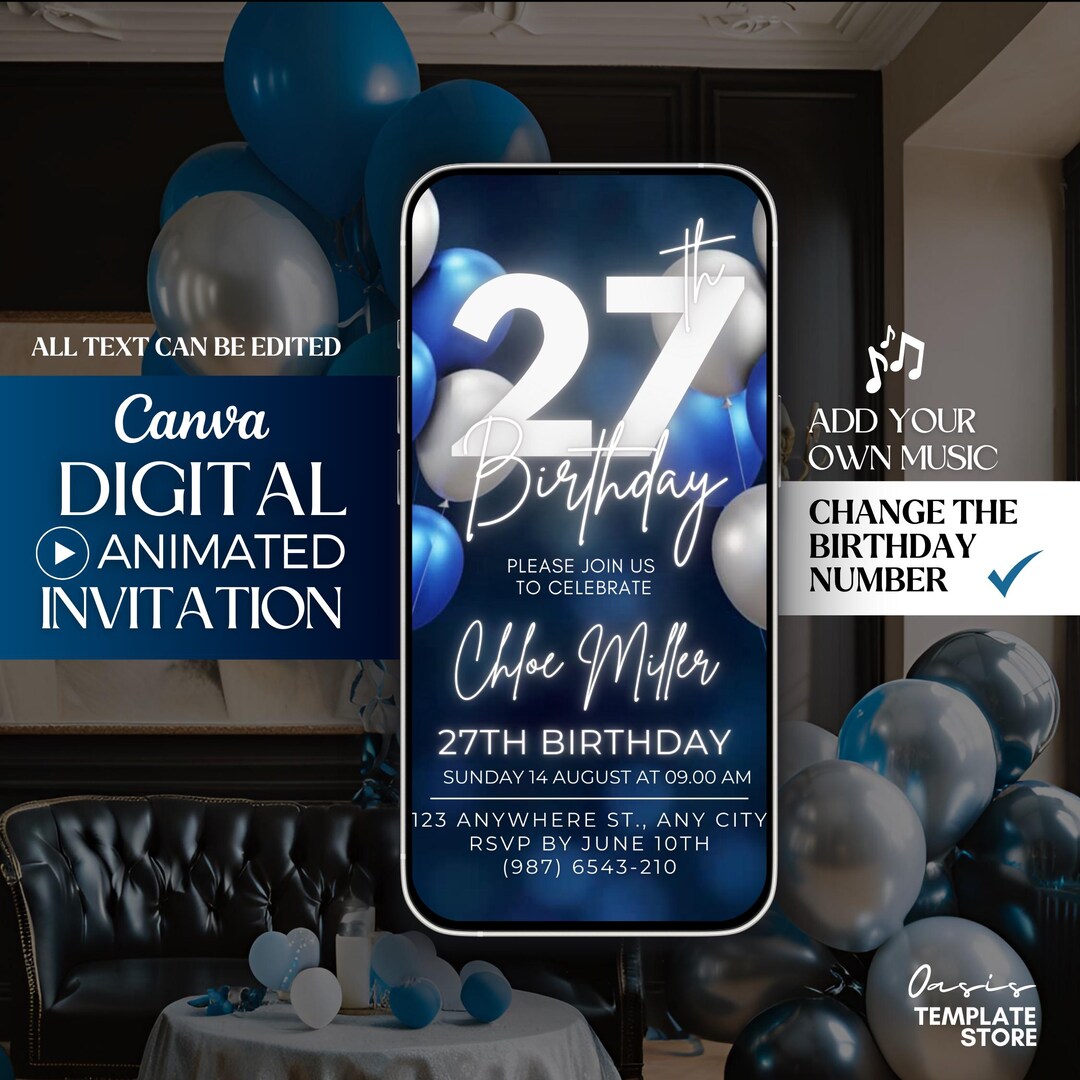 Digital 27th Birthday Invitation, 27th Blue and Silver Animated Invite ...