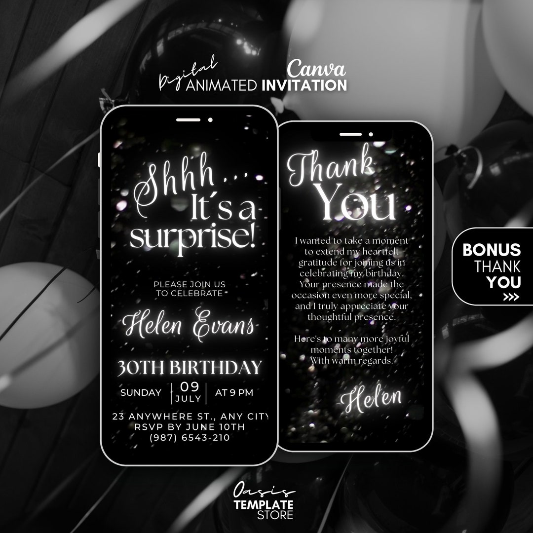 Editable Surprise Birthday Invitation, Black Silver Video Invite ...