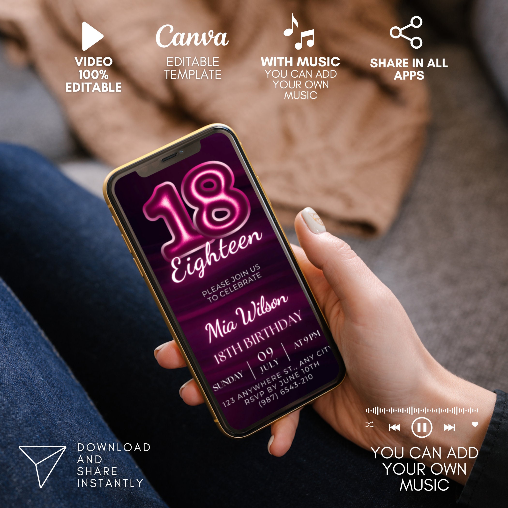 18th Birthday Digital Invitation, Eighteen Party Video Invitation, Pink ...