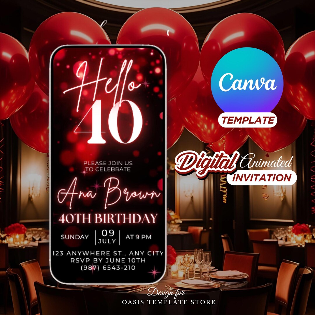 40th Red Glitter Birthday Invitation – Hello Forty Editable Video Evite ...
