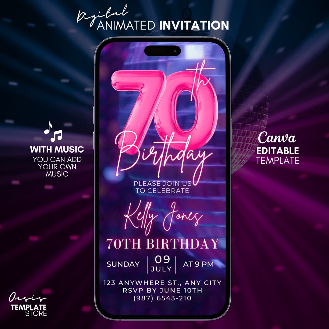 Pink Disco 70th Birthday Invitation, 70th Editable Birthday Invitation ...