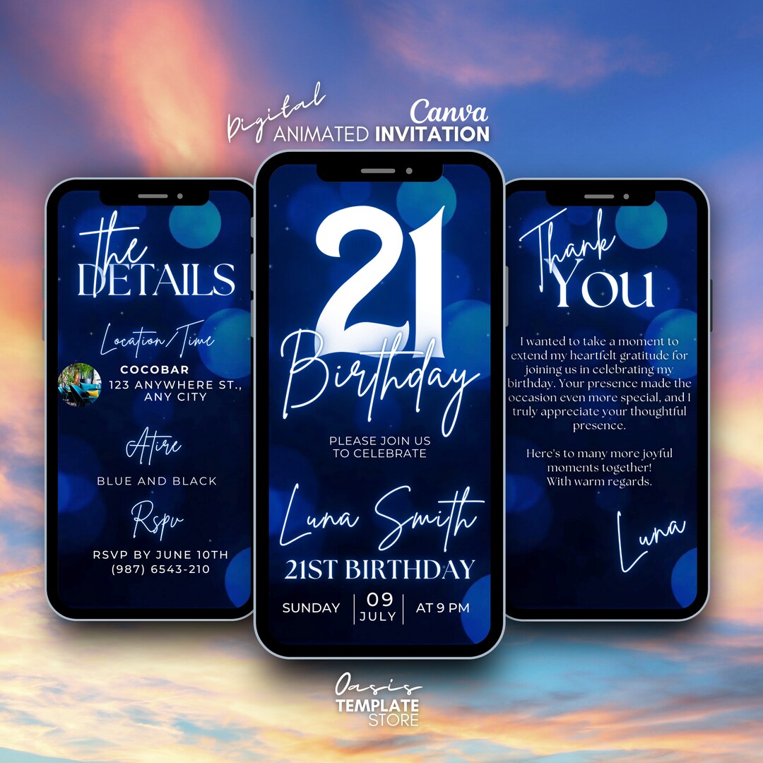 21st Digital Birthday Invitation, 21st Mobile Invitation, Blue Glitter ...