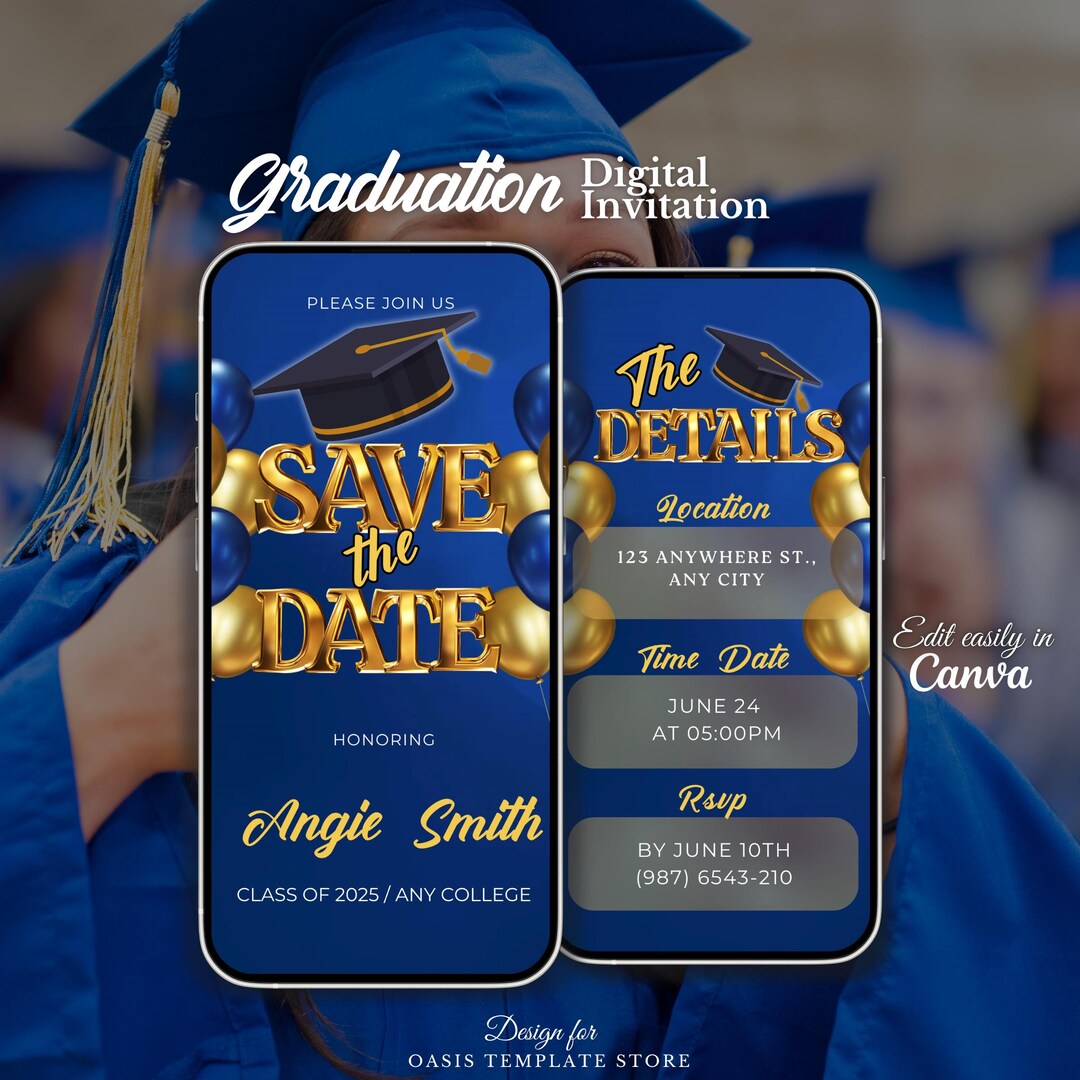 Save the Date Graduation Template, Blue and Gold Graduation Invite ...
