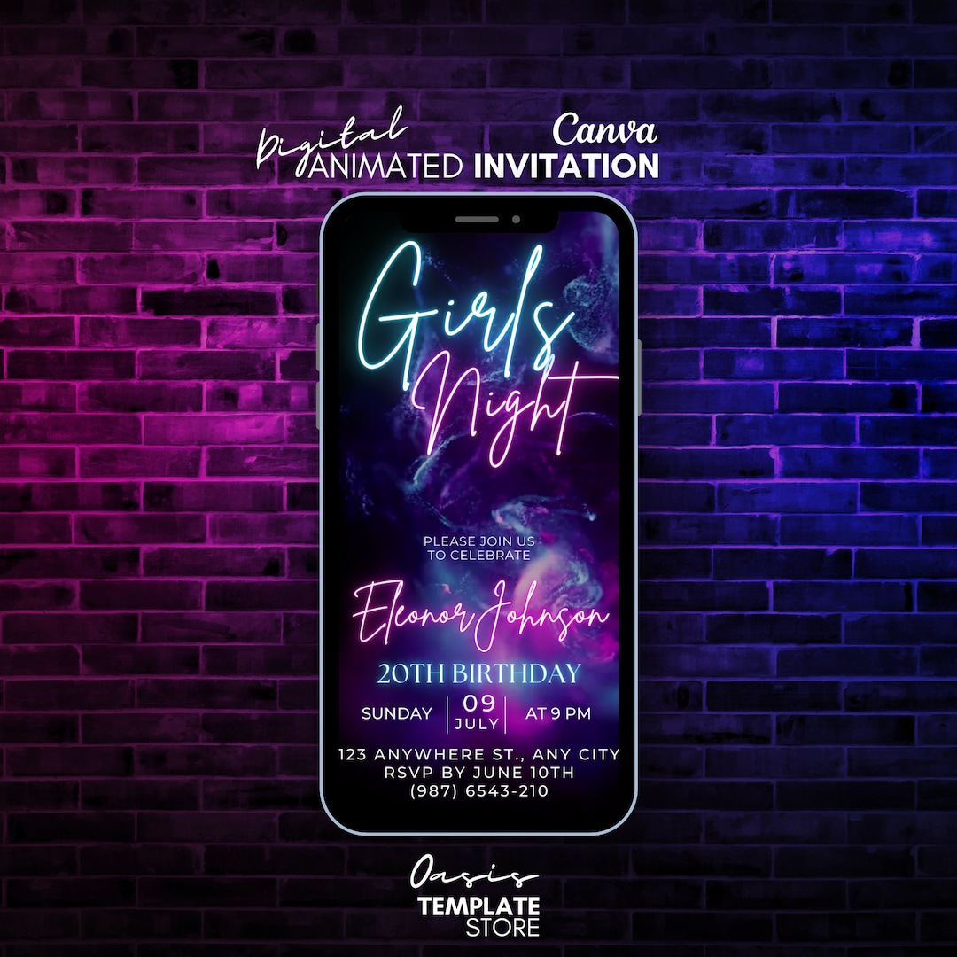 Digital Girls Night Birthday Invitation, Neon Pink Video Invitation ...