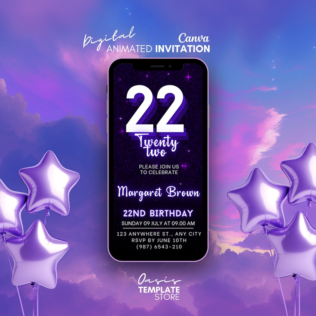22nd Birthday Invitation, Twenty Two Digital Purple Invitation, Mobile ...