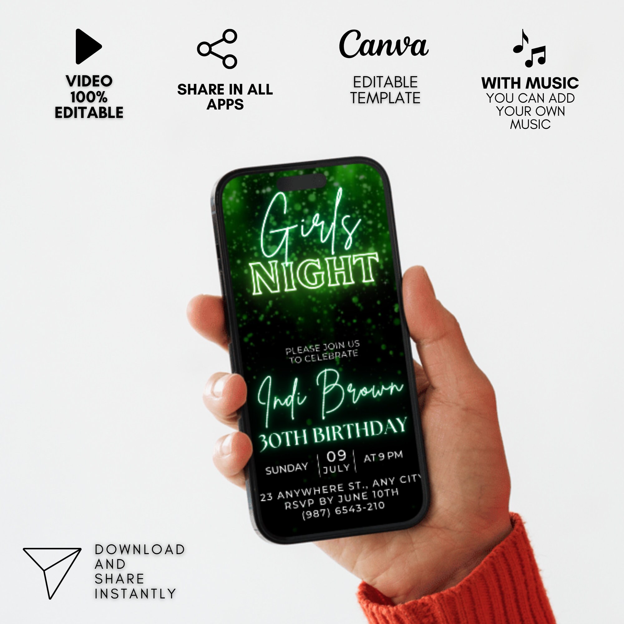 Girls Night Birthday Invitation, Green Glitter Invite, Phone Text Evite ...