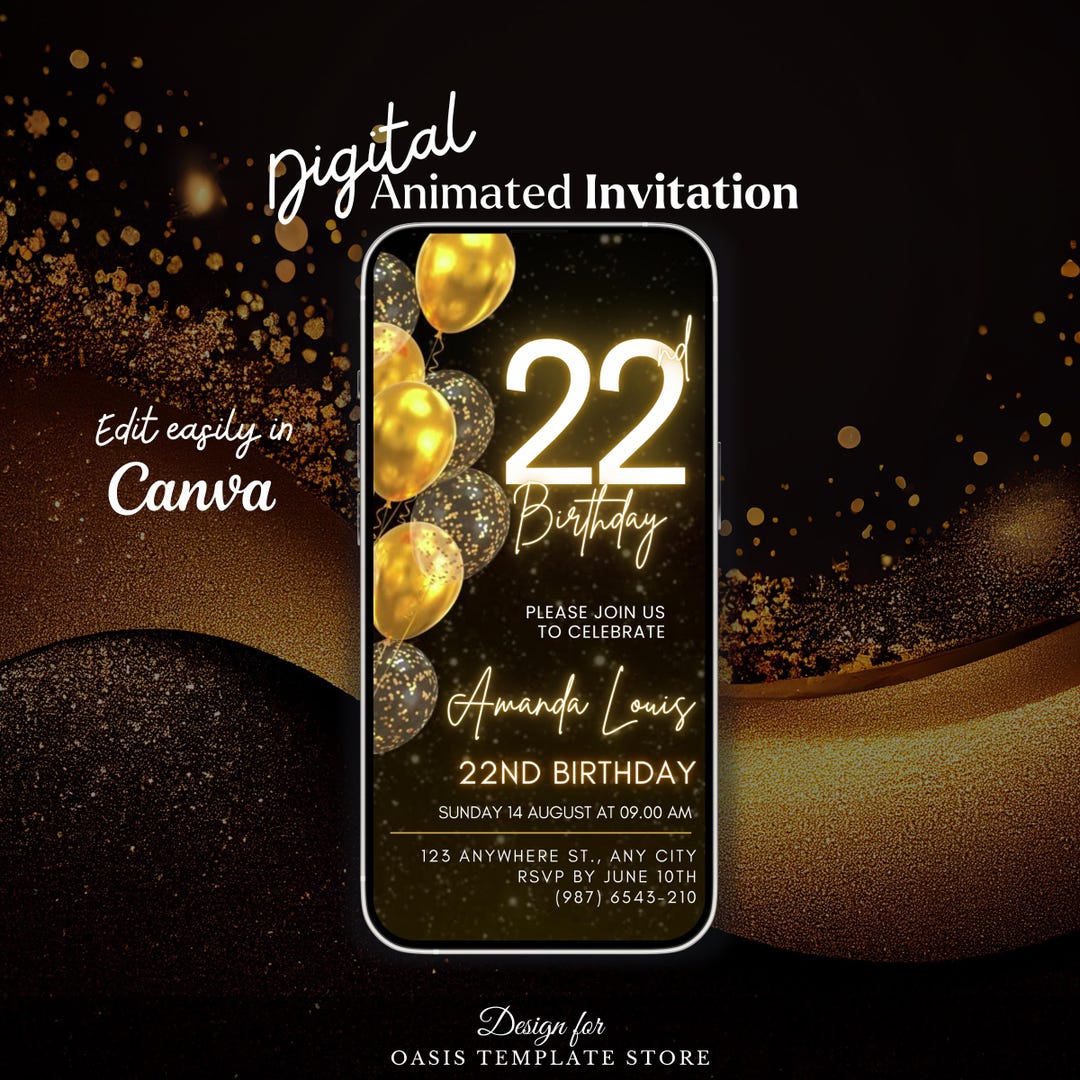 22nd Birthday Invitation, 22nd Animated Invite, Editable Invitation ...