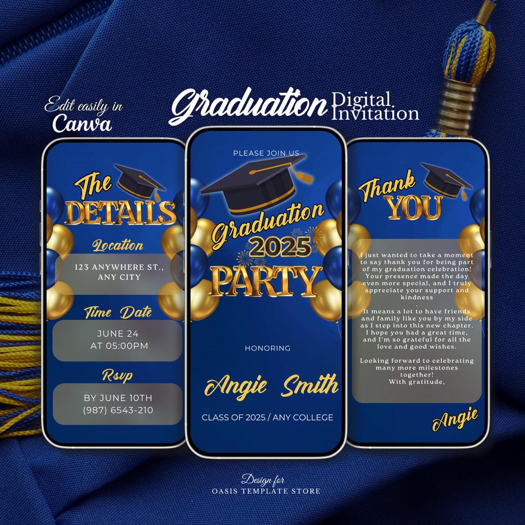 Blue 2025 Graduation Invitation, Customizable Digital Graduation Party ...