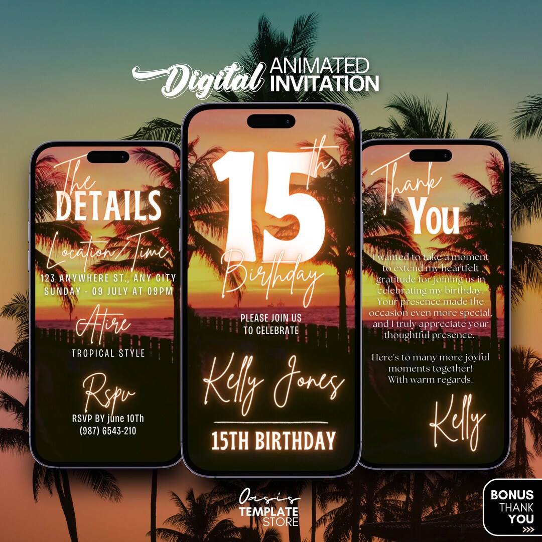 Digital 15th Tropical Birthday Invitation, Fifteen Animated Invite ...