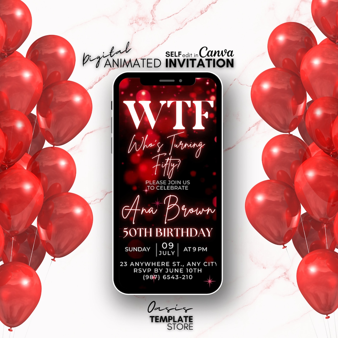 WTF 50th Birthday Video Invitation, Red Glitter Invitation, 50th Phone ...