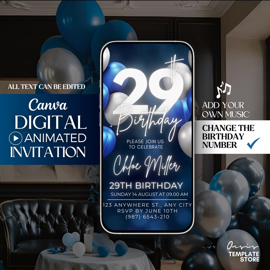 Editable 29th Birthday Invitation, 29th Blue and Silver Video Invite ...