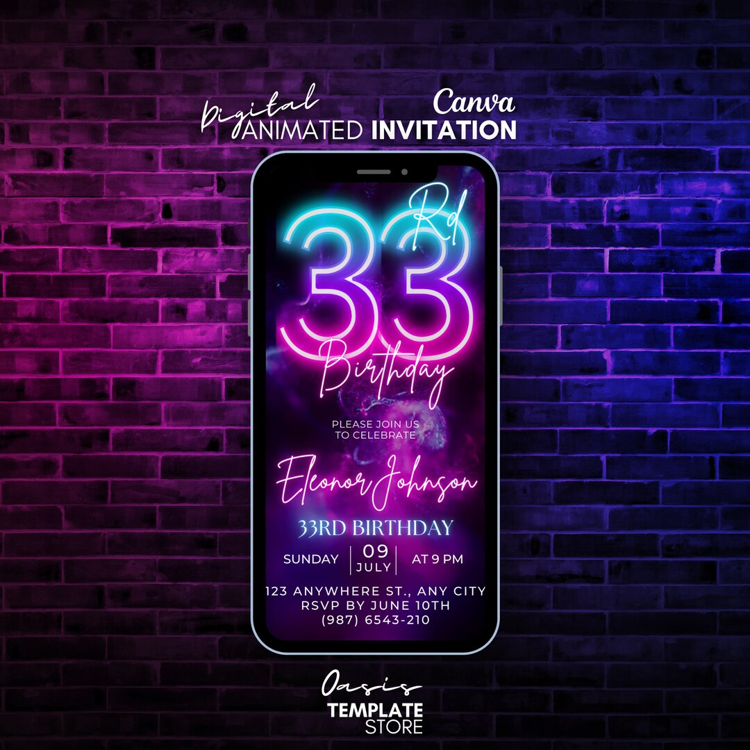 Digital 33rd Birthday Invitation, Neon Pink Video Invitation, Party ...