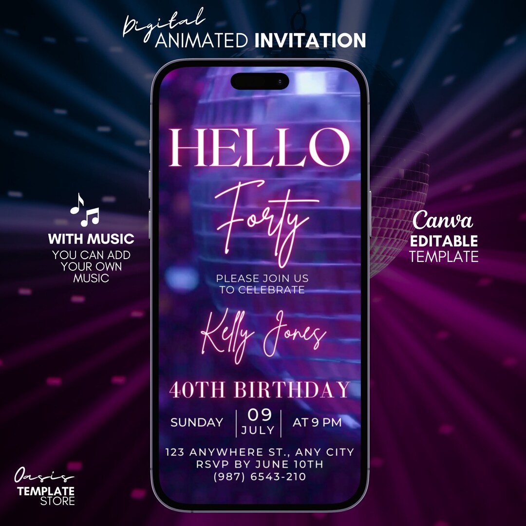 Digital Pink Disco Hello 40th Birthday Invitation, Editable Birthday ...