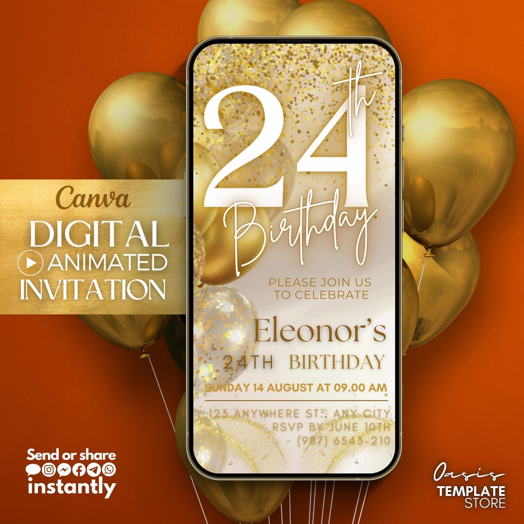 Digital 24th Birthday Video Invitation, Gold Glitter Digital Invitation ...