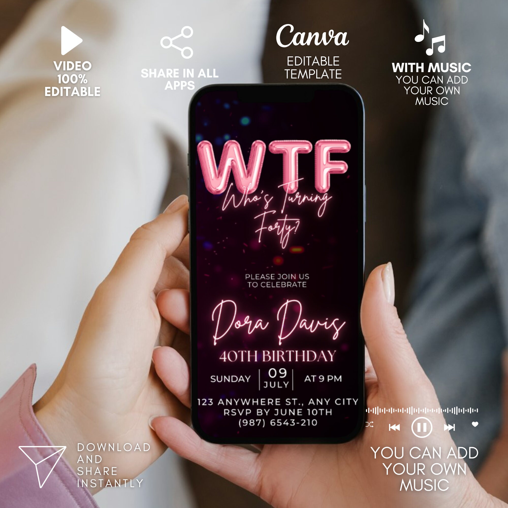 Digital WTF 40th Birthday Invitation, Pink Balloons Video Invite ...