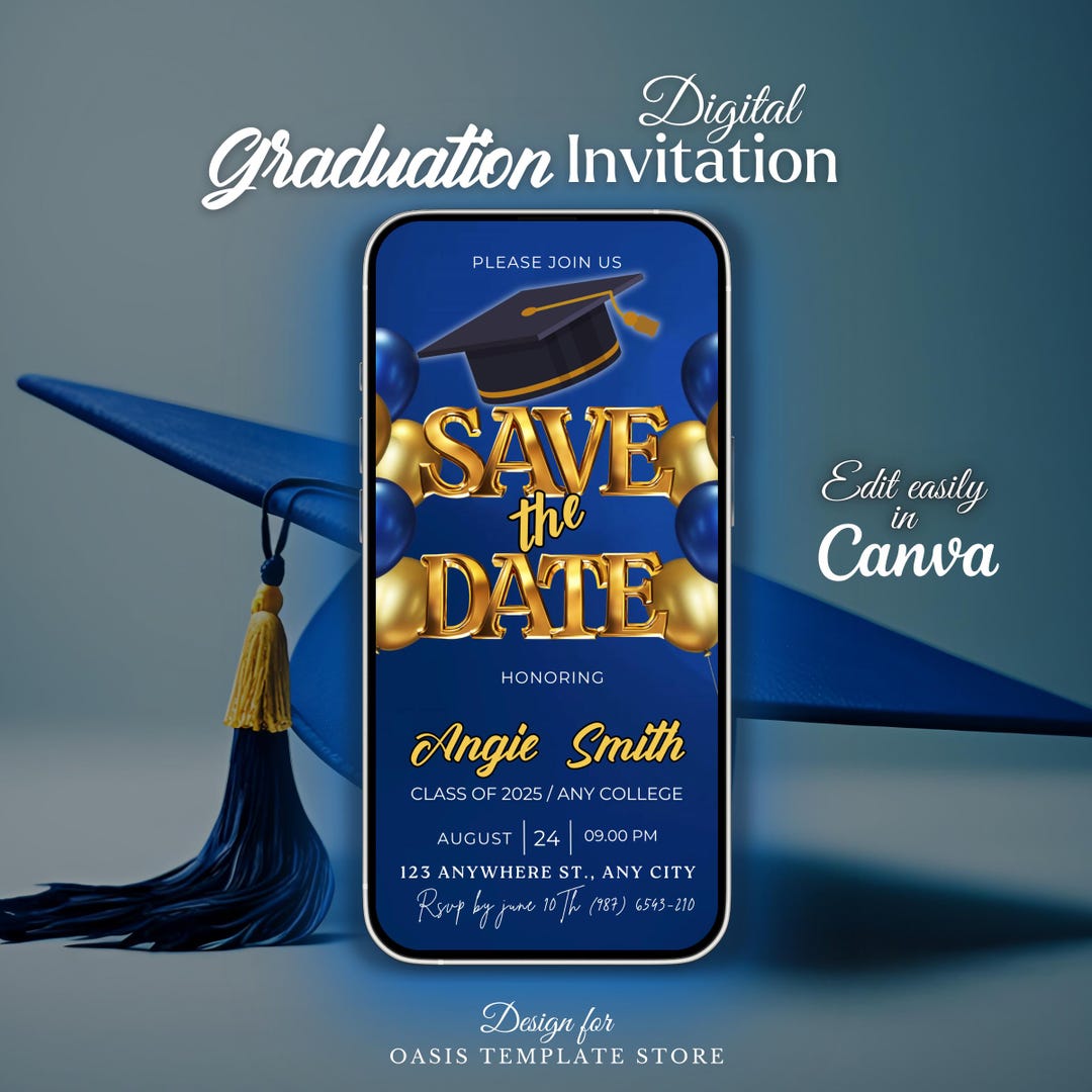Blue and Gold Graduation Invitation, Editable Digital Grad Party Invite ...