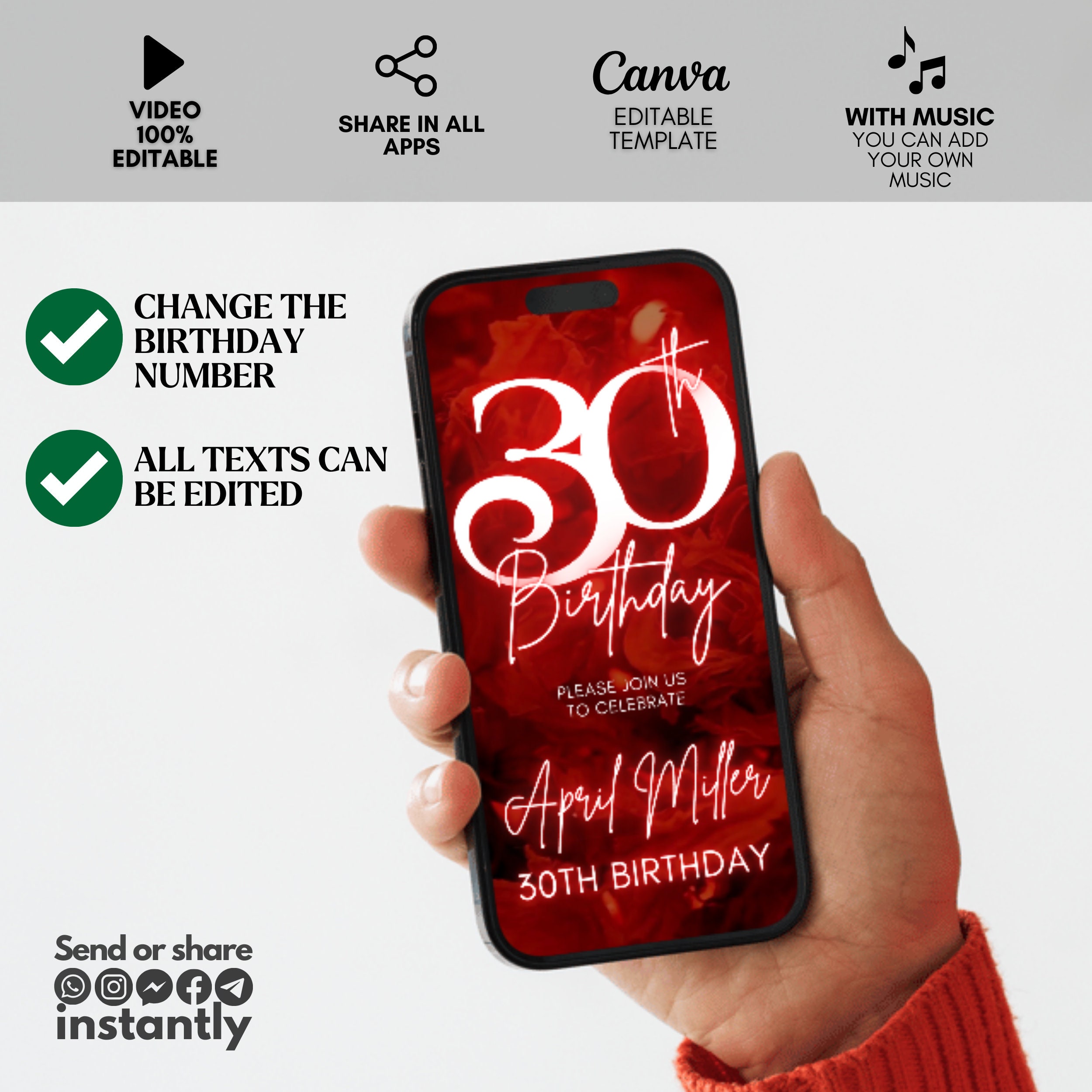 Thirty 30th Birthday Video Invitation, 30th Red Glitter Digital ...