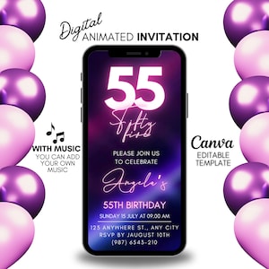 55th Editable Birthday Invitation, Digital Party Invitation, Pink Video ...