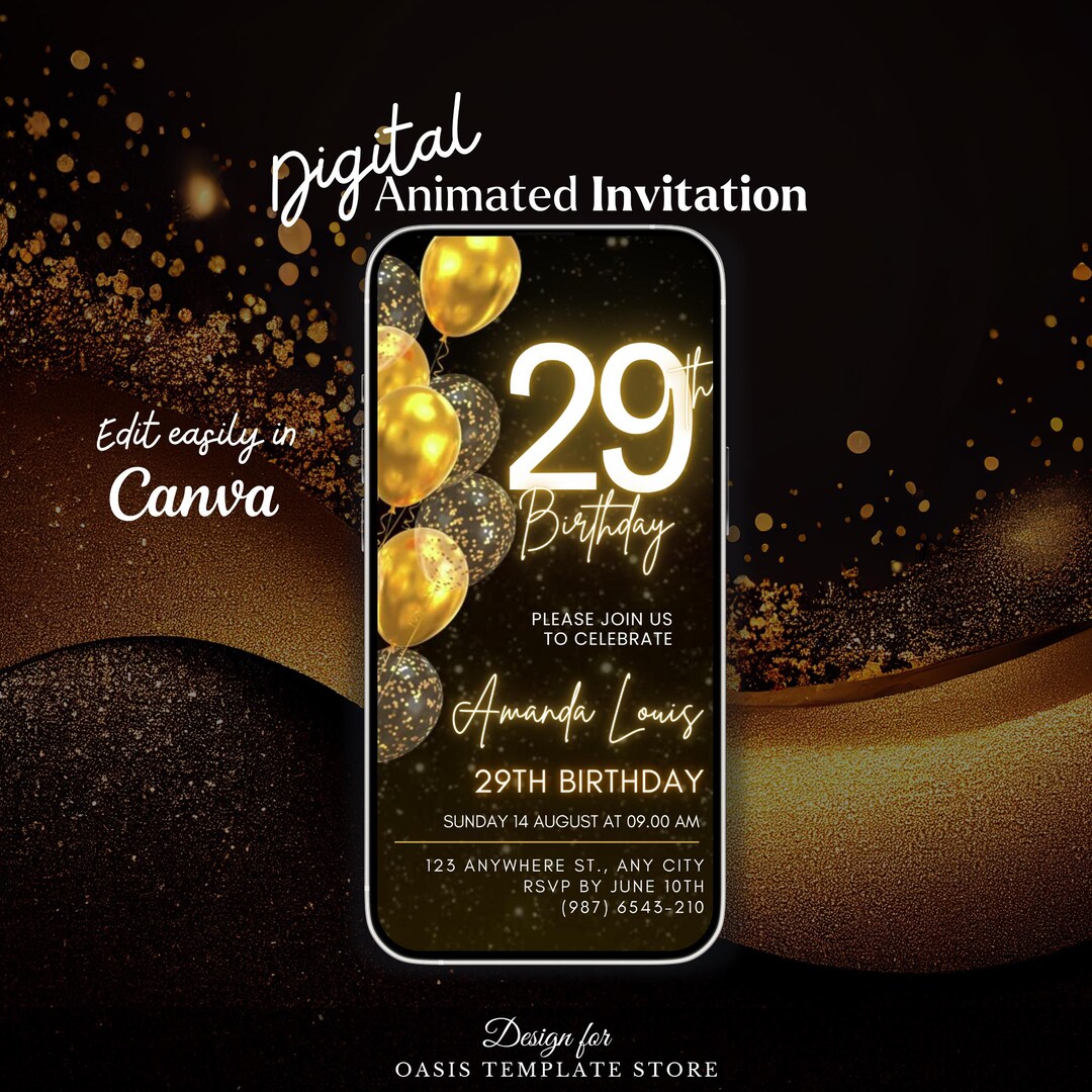 29th Birthday Invitation, 29th Animated Invite, 29th Editable ...