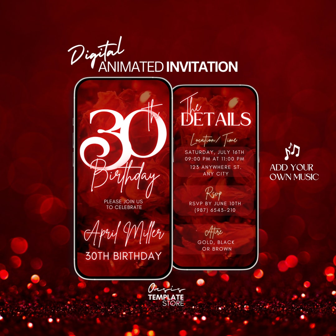 Thirty 30th Birthday Video Invitation, 30th Red Glitter Digital ...