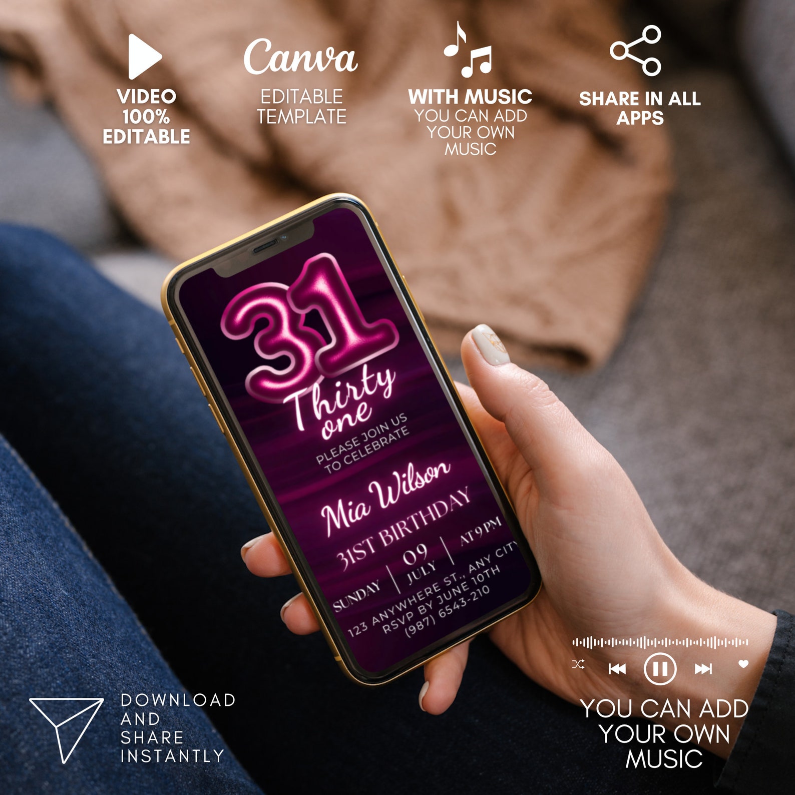 Animated 31st Birthday Invitation, Burgundy and Gold Digital Invite ...