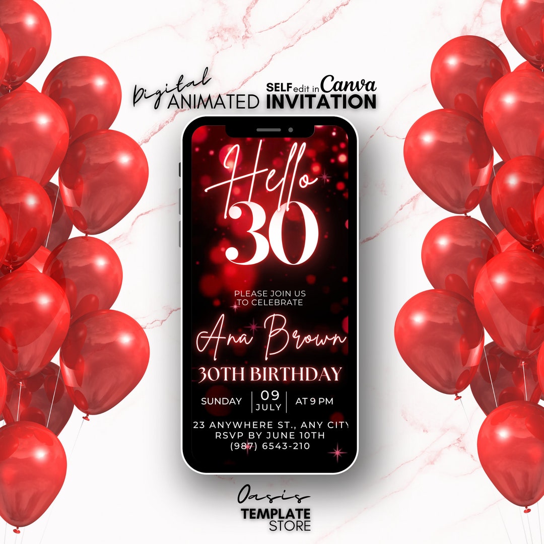Hello 30th Birthday Video Invitation, Red Glitter Invite, Phone ...