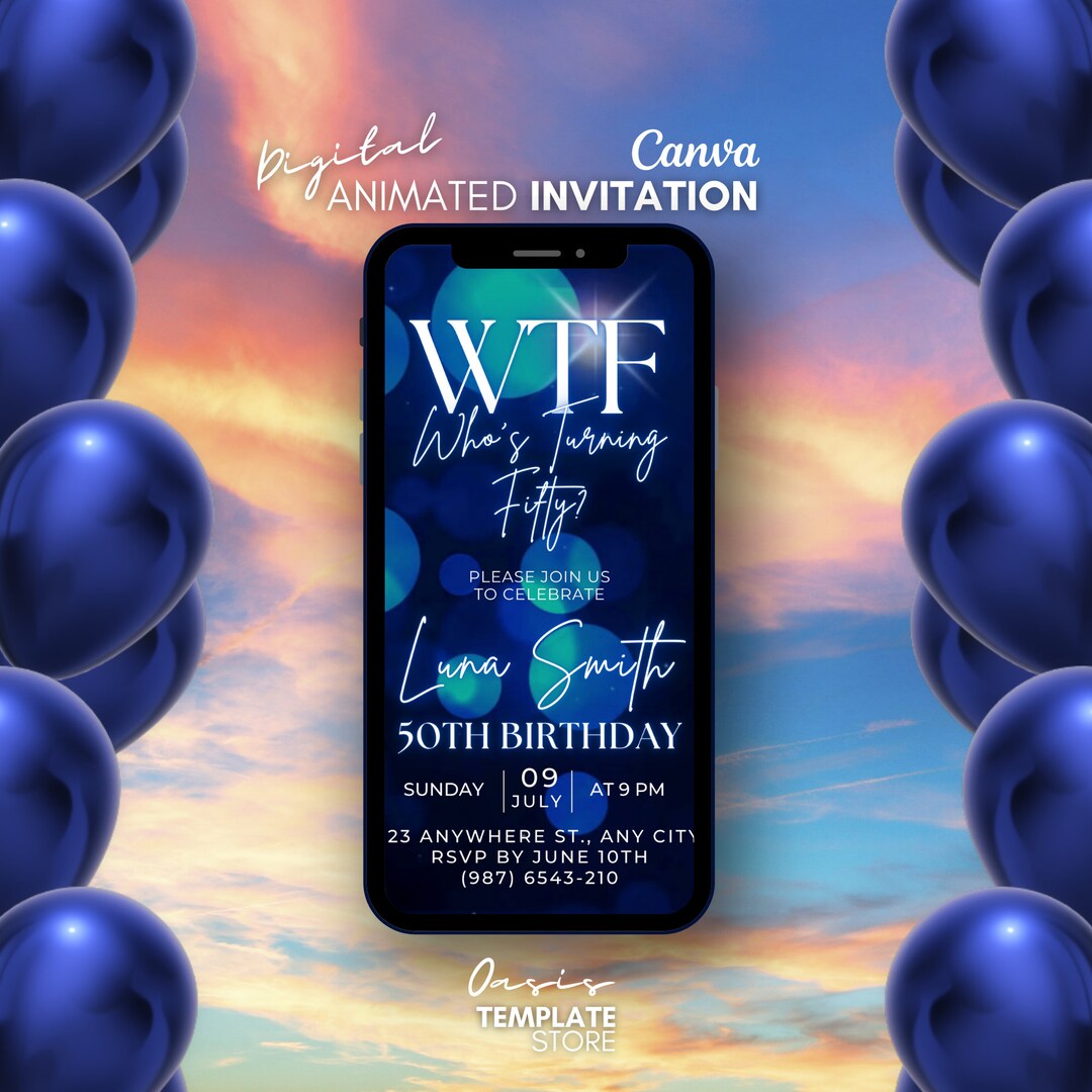 WTF Fifty 50th Birthday Invitation, Mobile Invitation, Blue Glitter ...