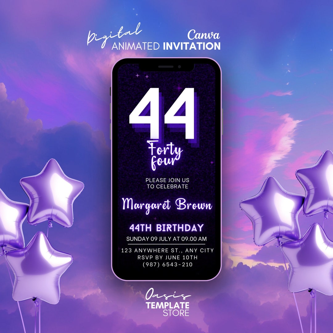 44th Birthday Invitation, Forty Four Digital Purple Invitation, Mobile ...