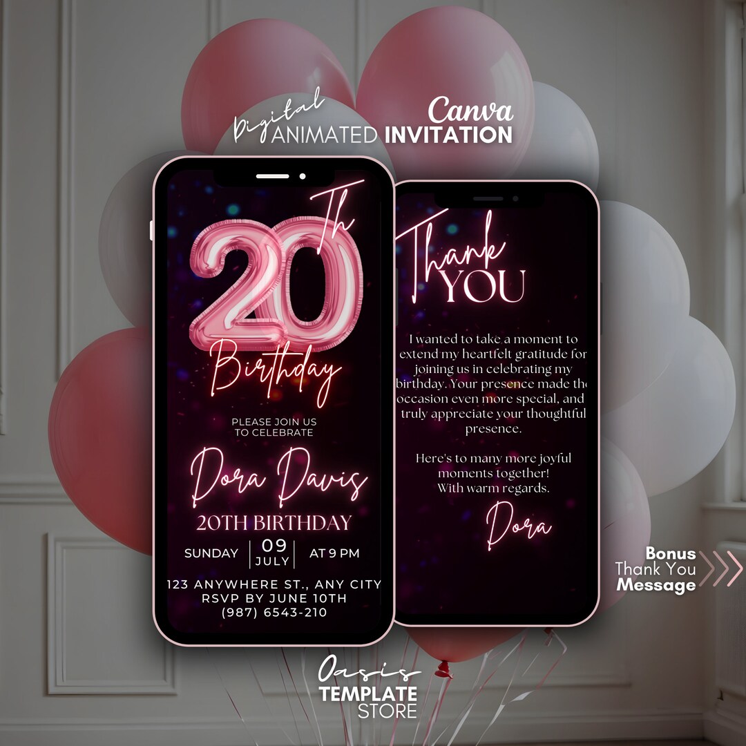 Invitación digital para el 20.º cumpleaños, Invitación en vídeo de ...