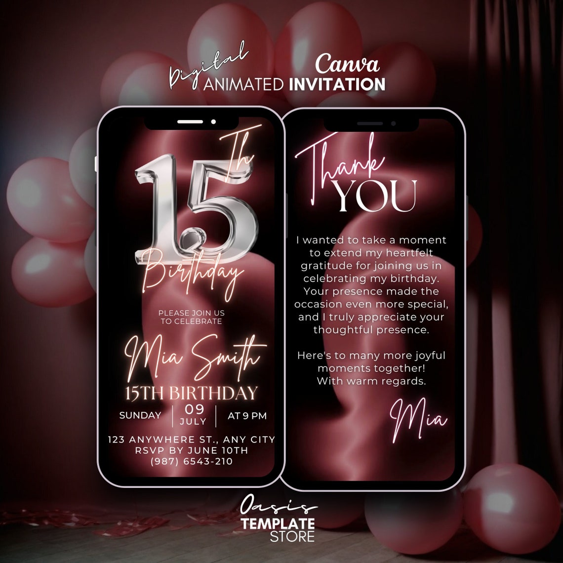 15th Birthday Digital Invitation, Pink Silver Animated Invitation ...