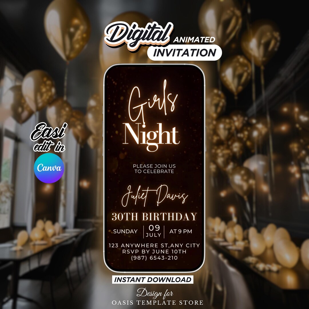 Editable Girls Night Birthday Invitation, Girls Nigh Gold Digital ...