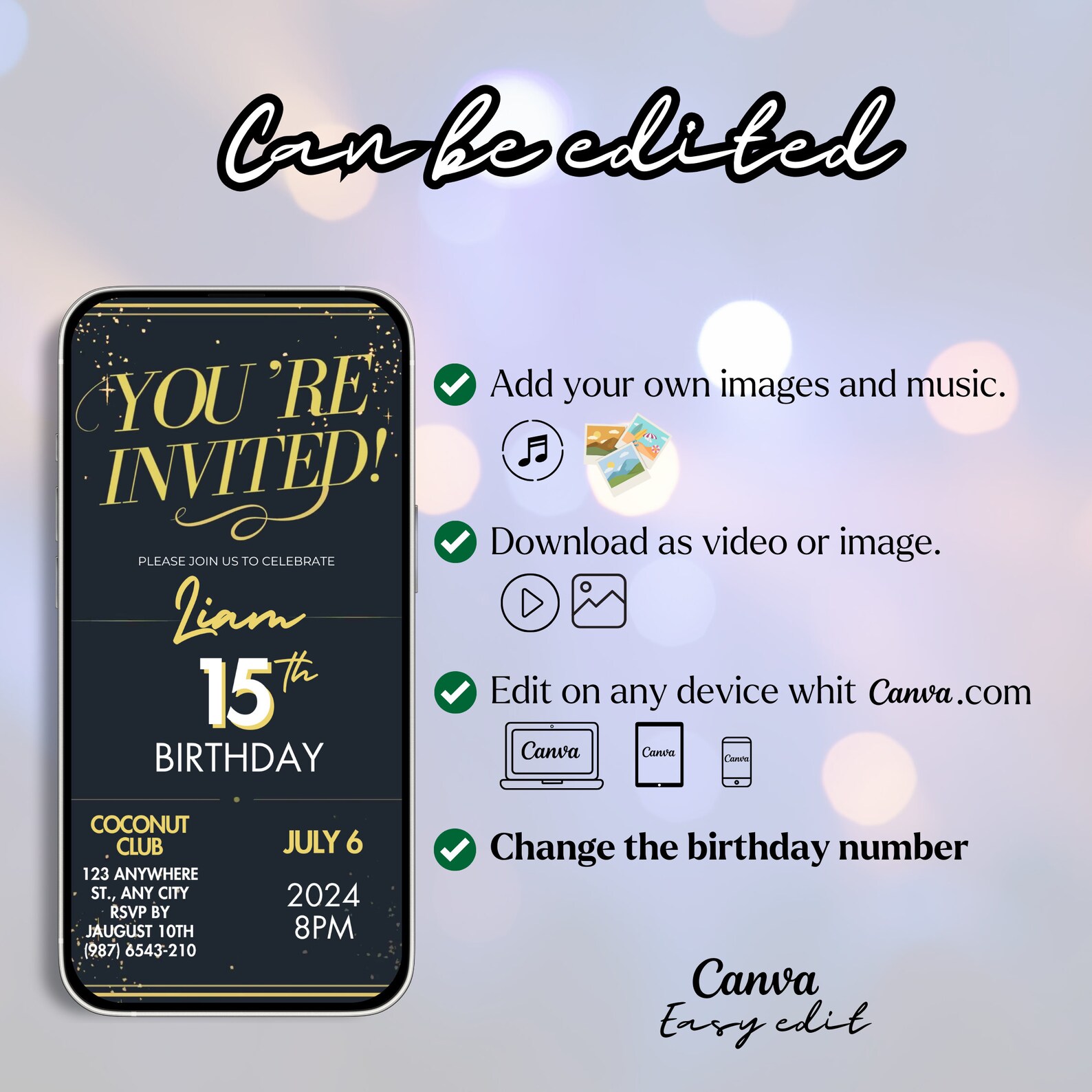 15th Digital Birthday Video Invitation, Fifteen Gold Glitter Digital ...