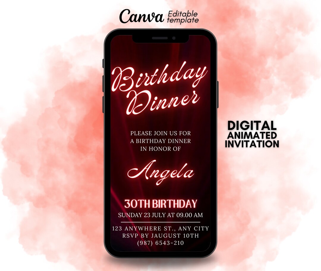 Editable Birthday Dinner Invitation, Digital Party Template, Black ...