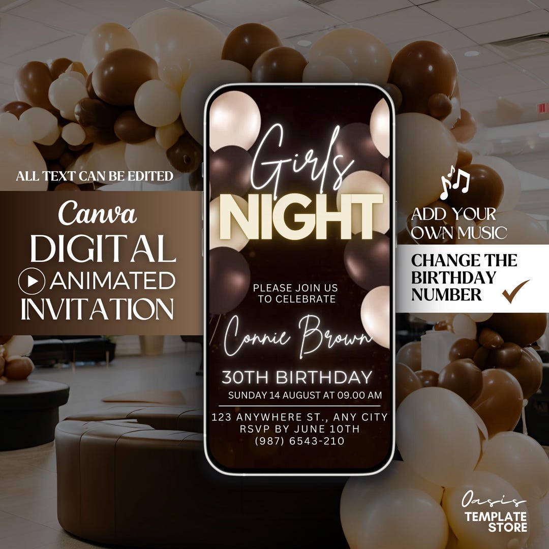 Girls Night Birthday Invitation, Brown and Cream Digital Invitation ...