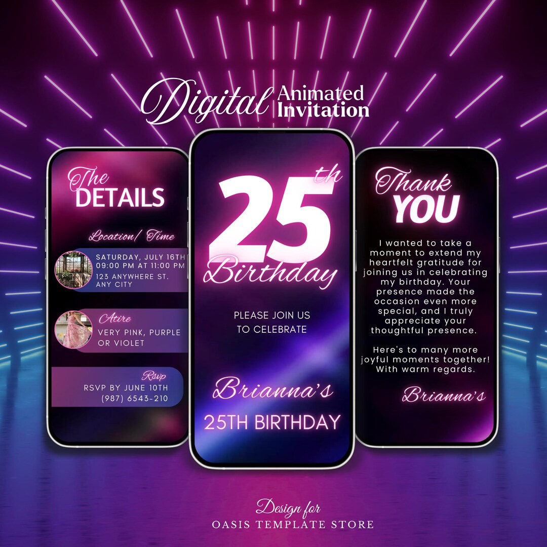 Digital 25th Birthday Invitation, Pink Neon 25th Video Invitation, 25th ...
