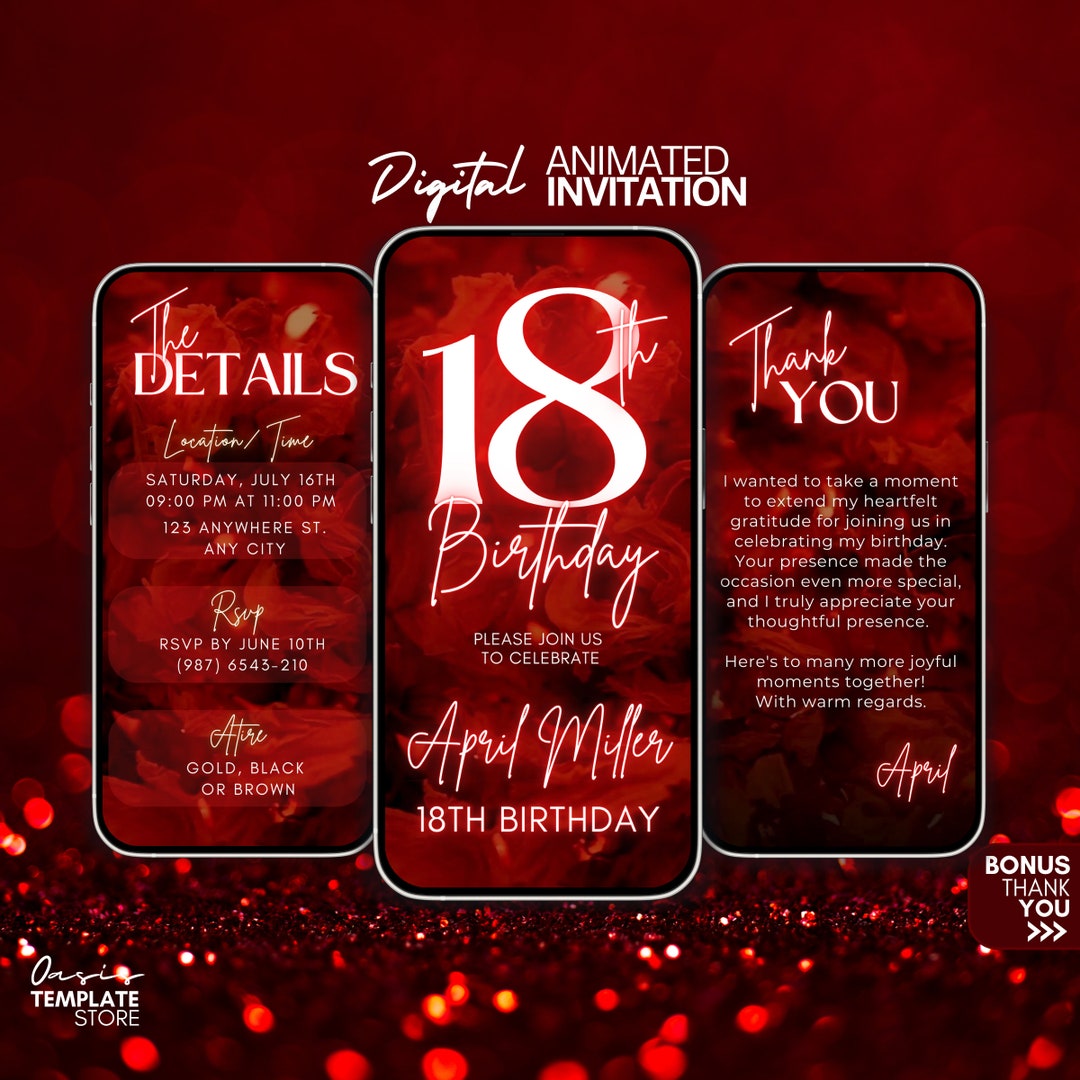 Red 18th Birthday Invitation, Red Glitter Digital Invitation, 18th ...