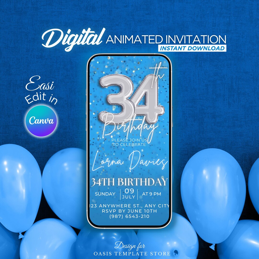 Digital 34th Birthday Invitation, Blue Animated Invite, Editable 34th ...