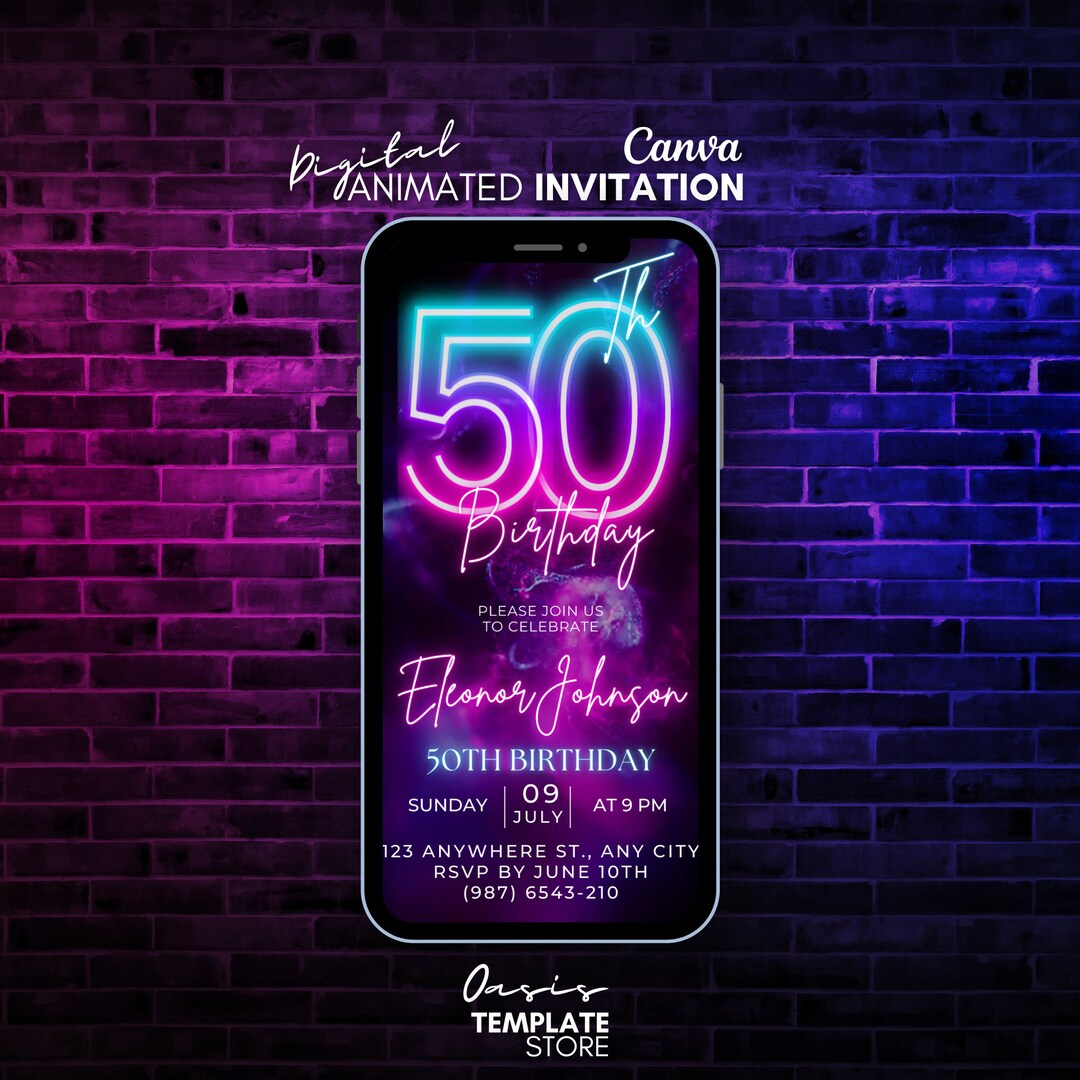 50th Digital Birthday Invitation, Neon Pink Invite, Fifty Video ...