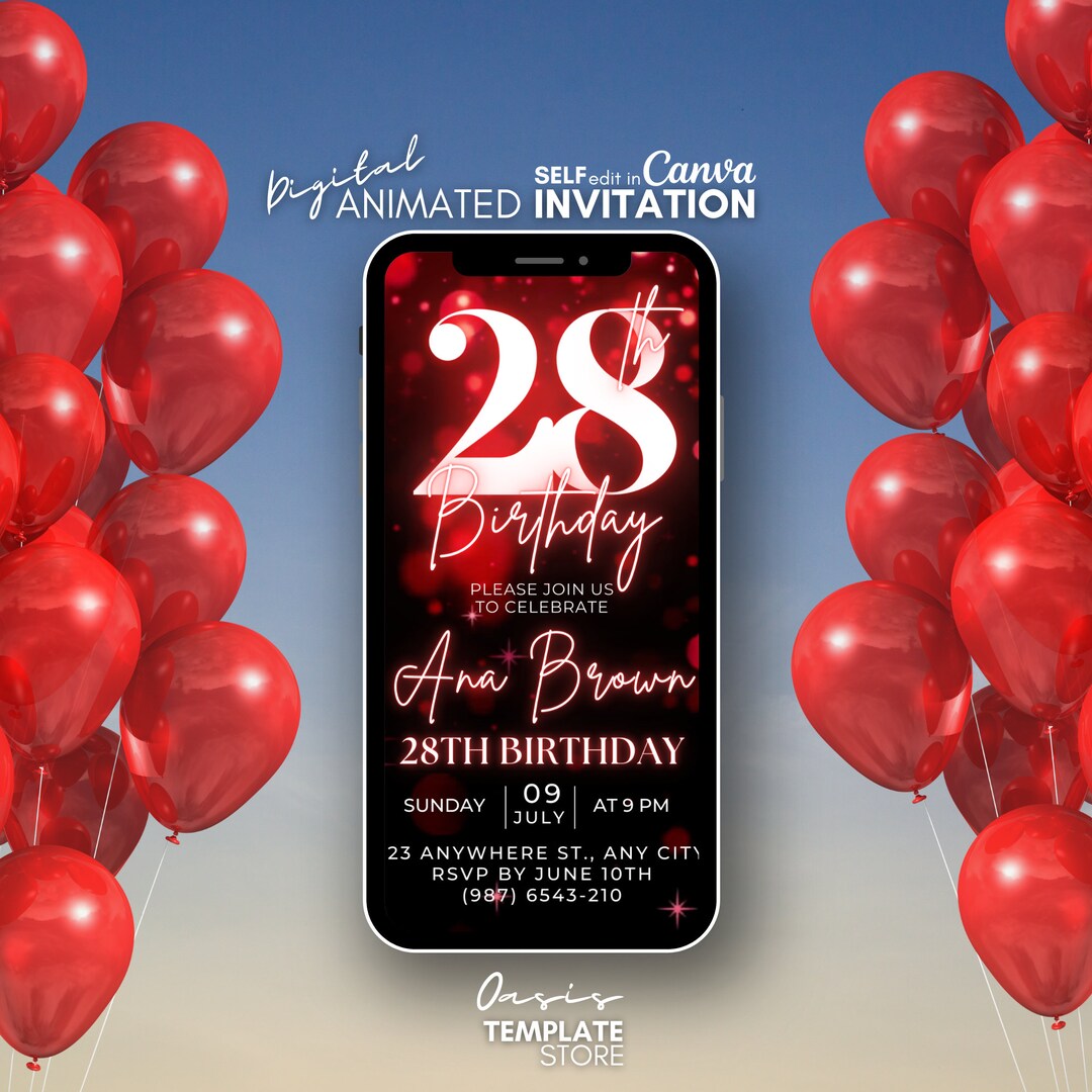 28th Birthday Video Invitation, Red Glitter Invite, Phone Invitation, 28th Digital Invitation ...