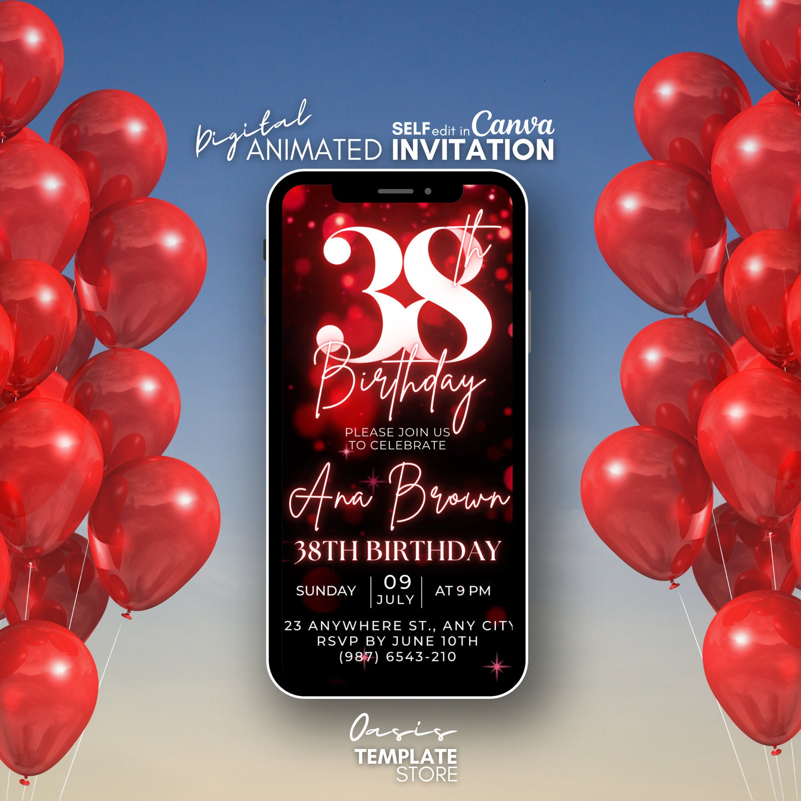 38th Birthday Video Invitation, Red Glitter Invite, Phone Invitation ...
