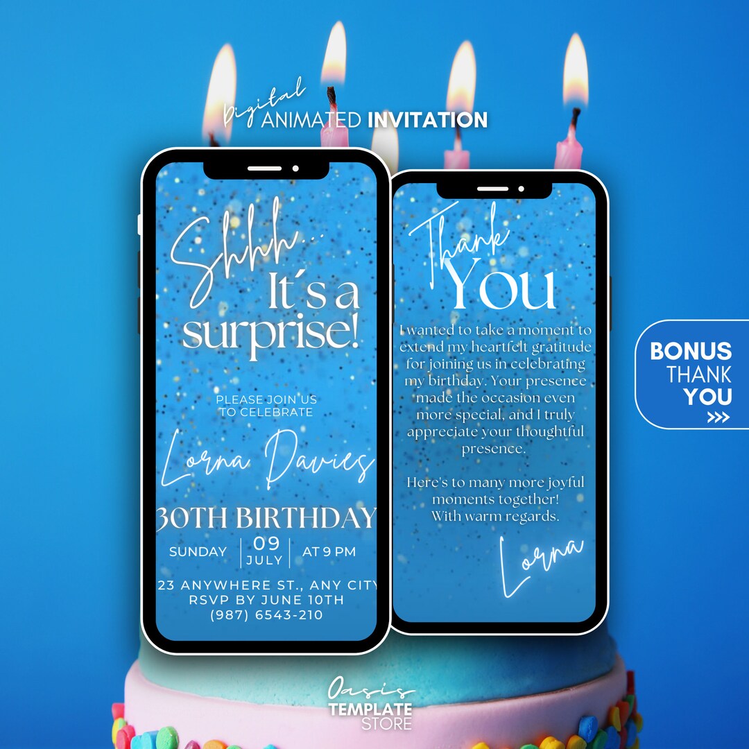 Digital Surprise Birthday Invitation, Blue Silver Animated Invitation ...