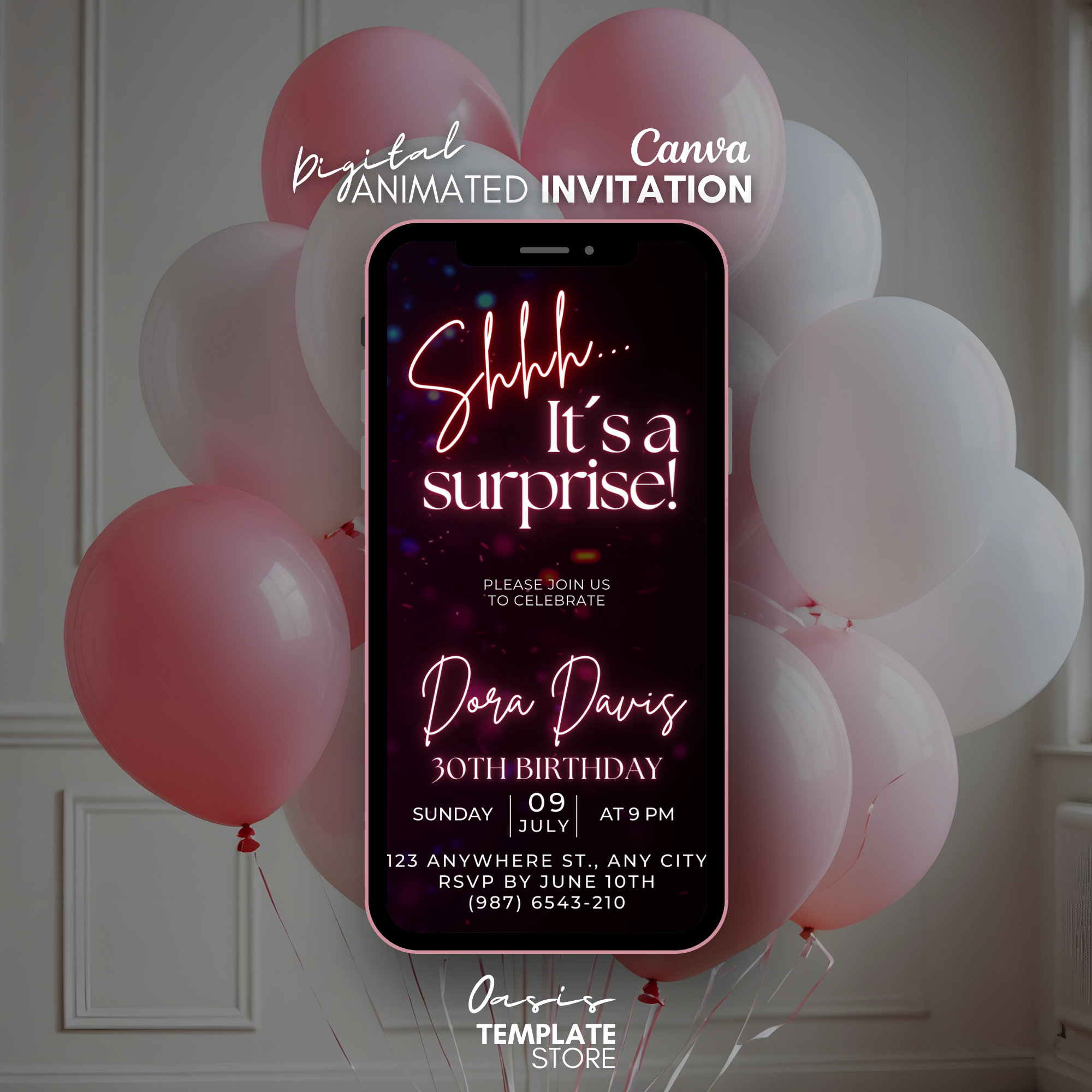 Digital Surprise Birthday Invitation, Pink Balloons Video Invite ...