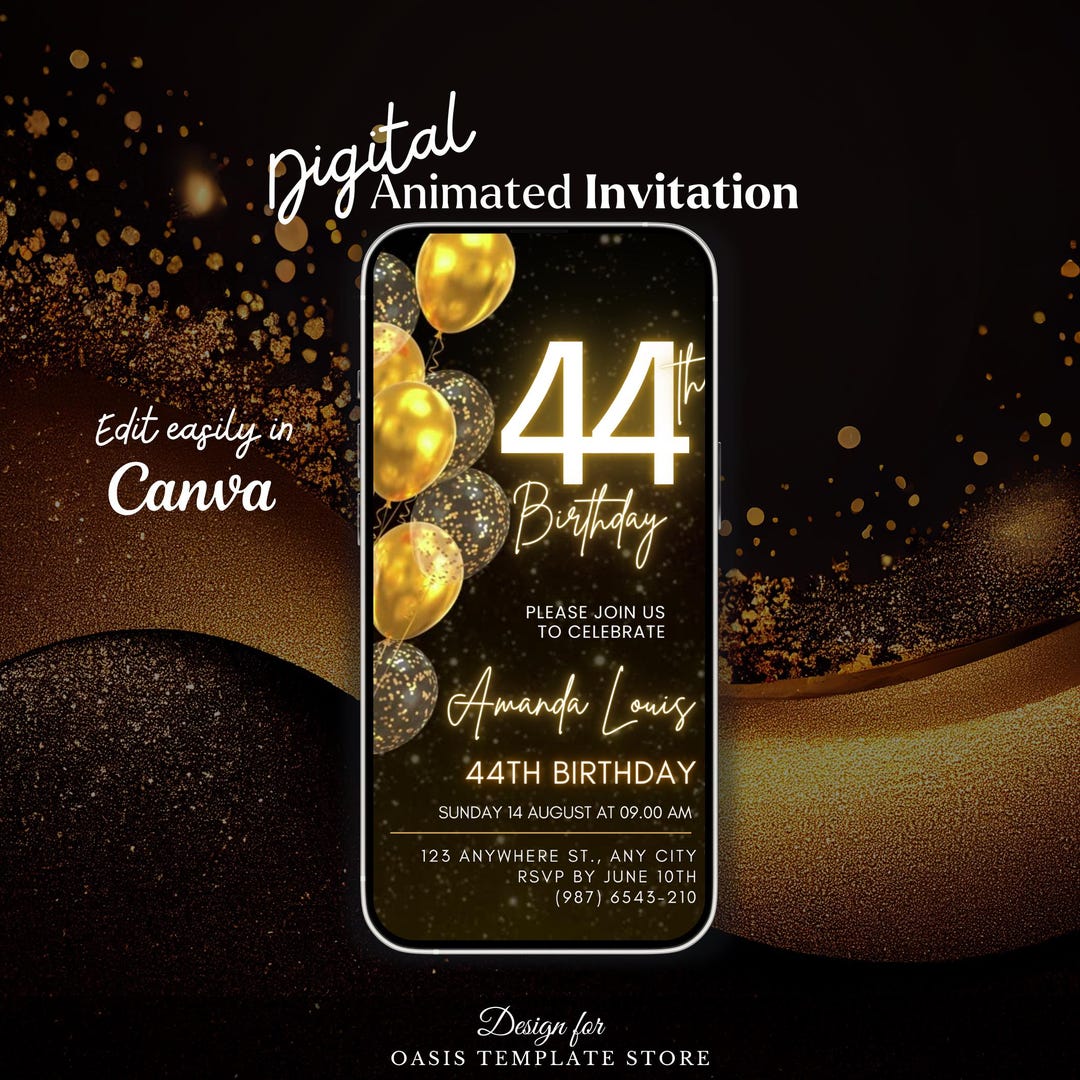 44th Birthday Digital Invitation, 44th Animated Invite, Editable ...