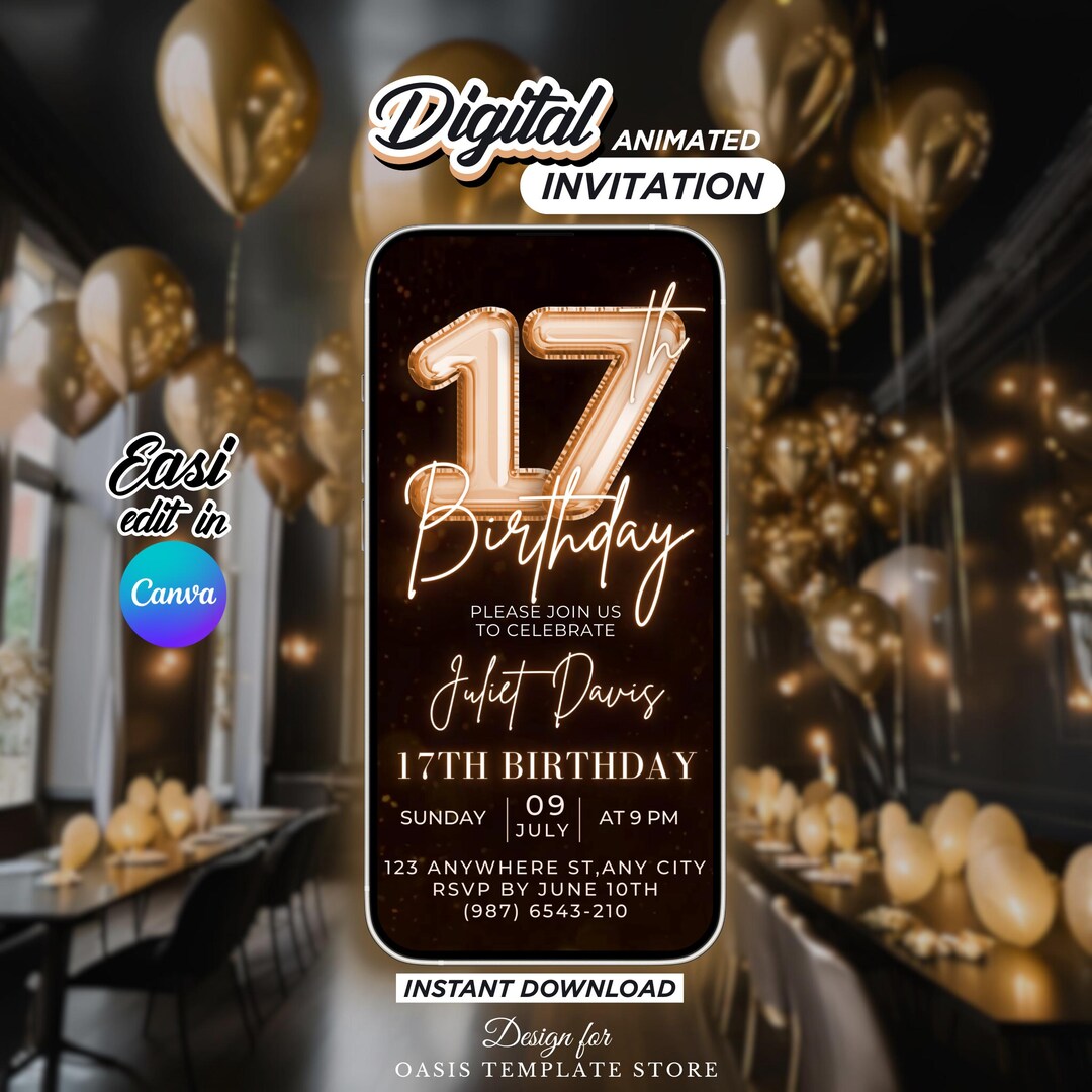 Editable 17th Birthday Video Invitation, 17th Digital Invitation, 17th ...