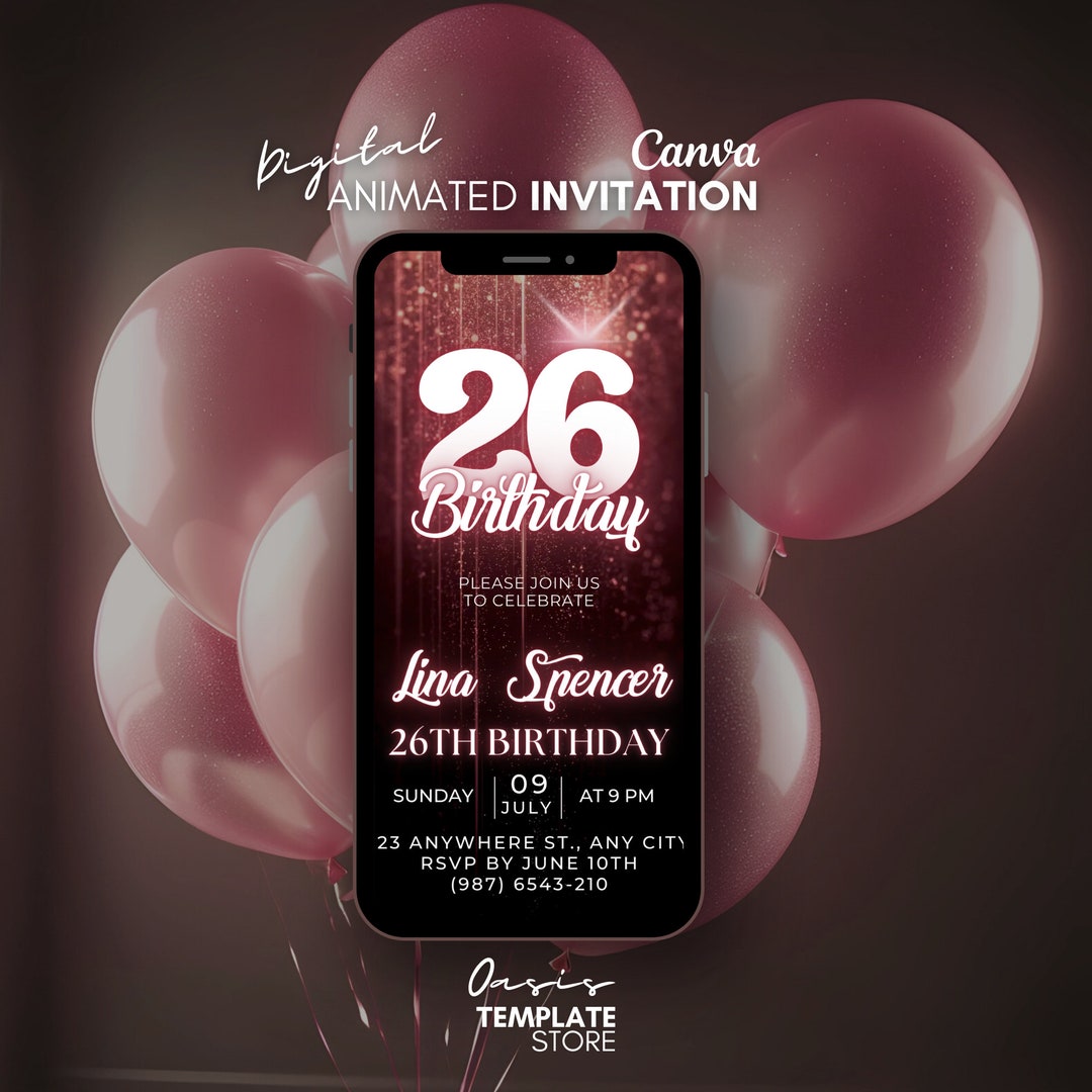 26th Birthday Digital Invitation, Editable Video Invite, Twenty Six ...