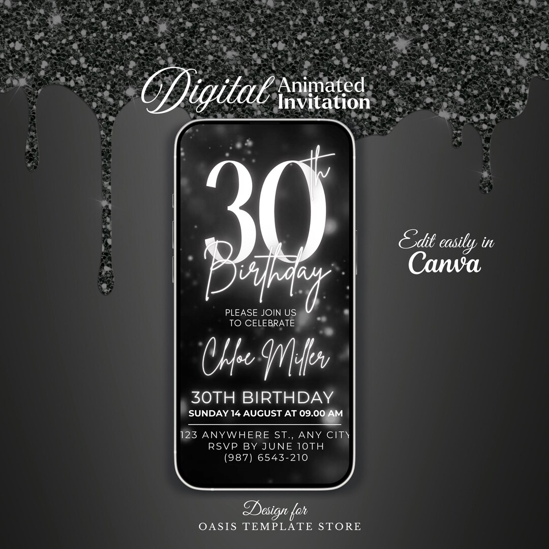 Digital 30th Birthday Invitation, 30th Silver Glitter Digital ...