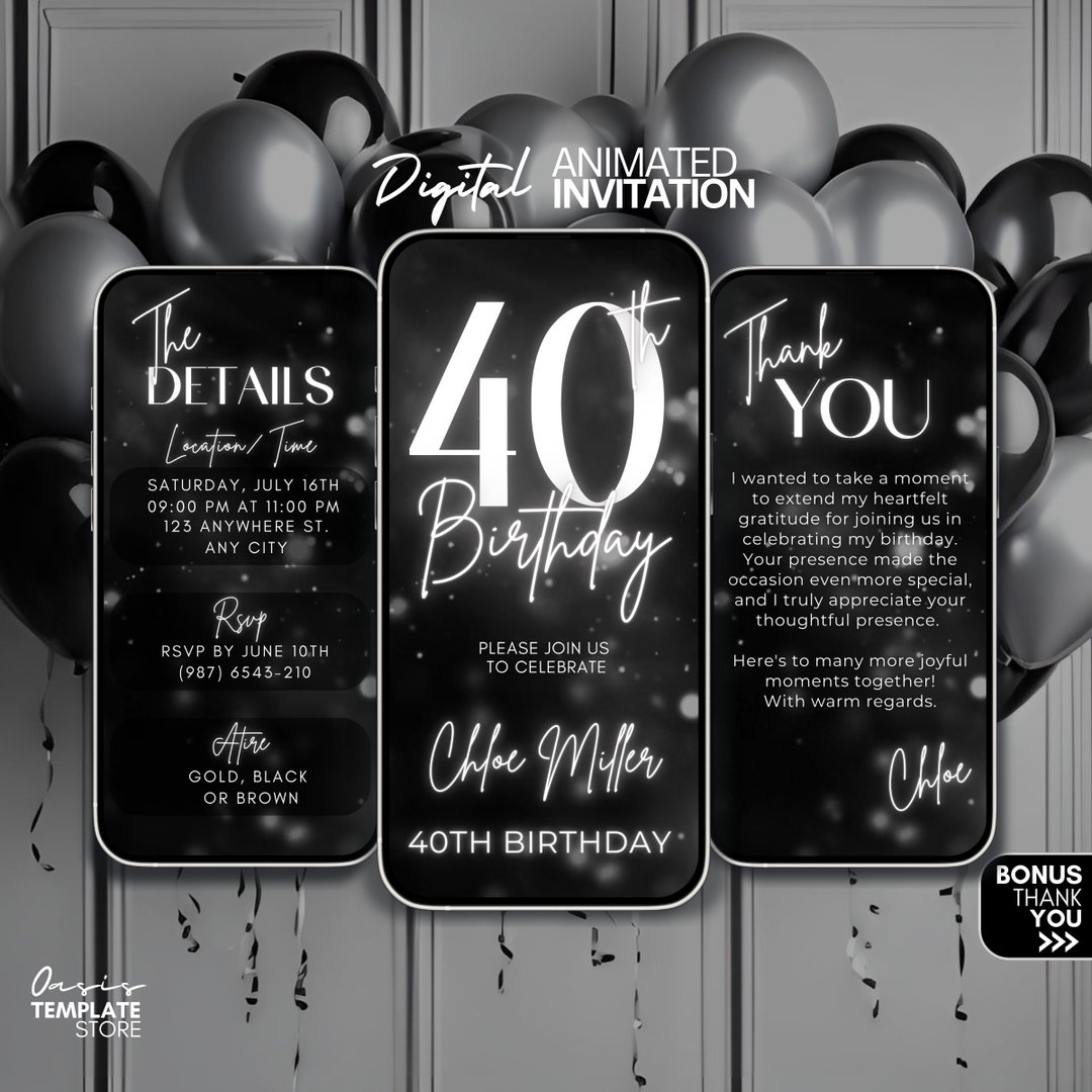 40th Birthday Video Invitation, Silver Glitter Digital Invitation, 40th ...